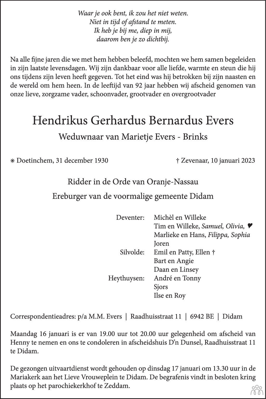 Hendrikus Gerhardus Bernardus Evers 10-01-2023 overlijdensbericht en ...