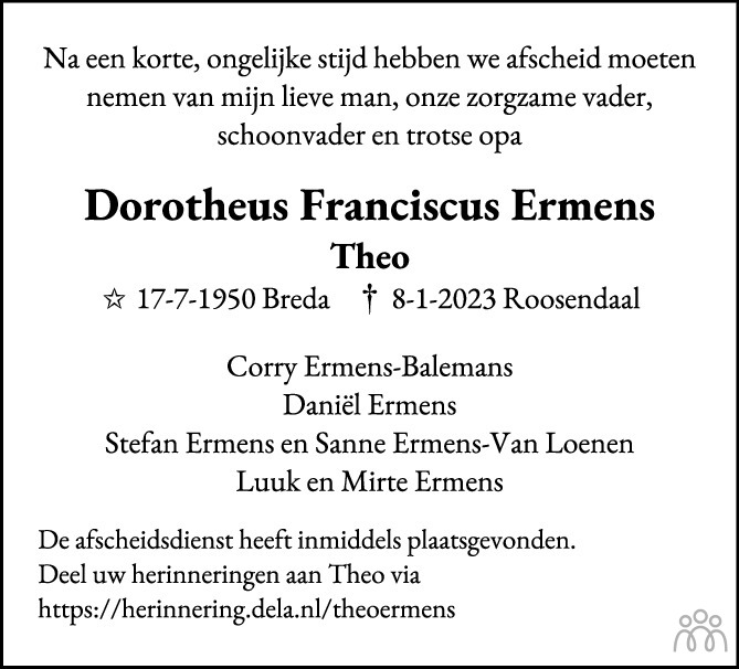 Dorotheus Franciscus (Theo) Ermens 08-01-2023 overlijdensbericht en ...