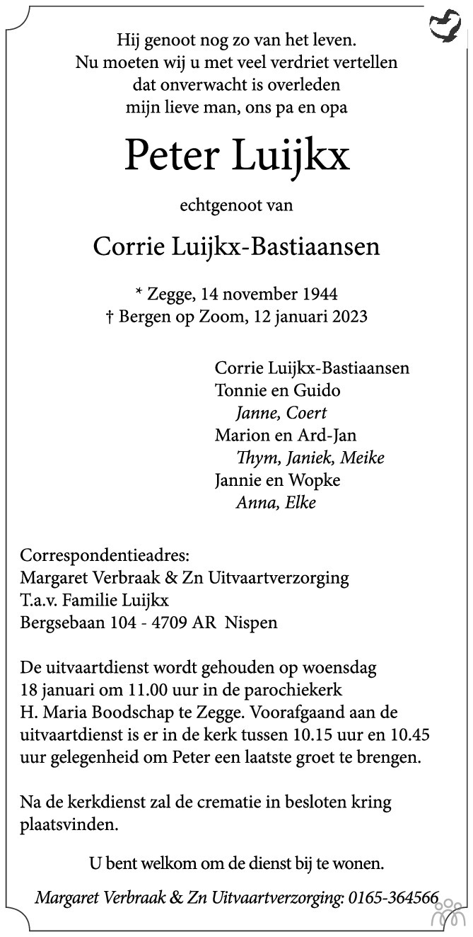 Peter Luijkx 12-01-2023 overlijdensbericht en condoleances - Mensenlinq.nl