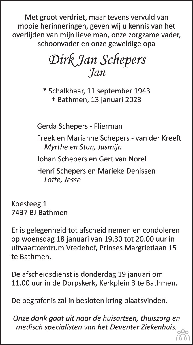 Dirk Jan Schepers 13-01-2023 overlijdensbericht en condoleances - Mensenlinq.nl