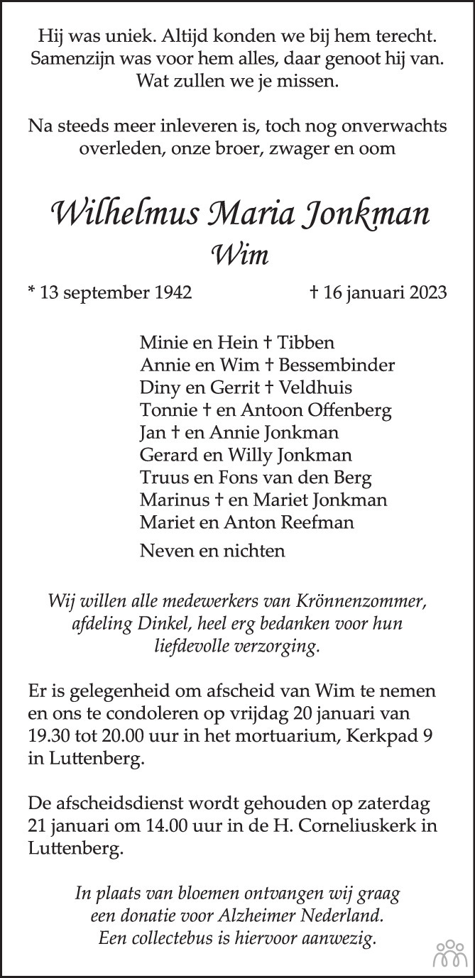 Wilhelmus Maria (Wim) Jonkman 16-01-2023 overlijdensbericht en ...