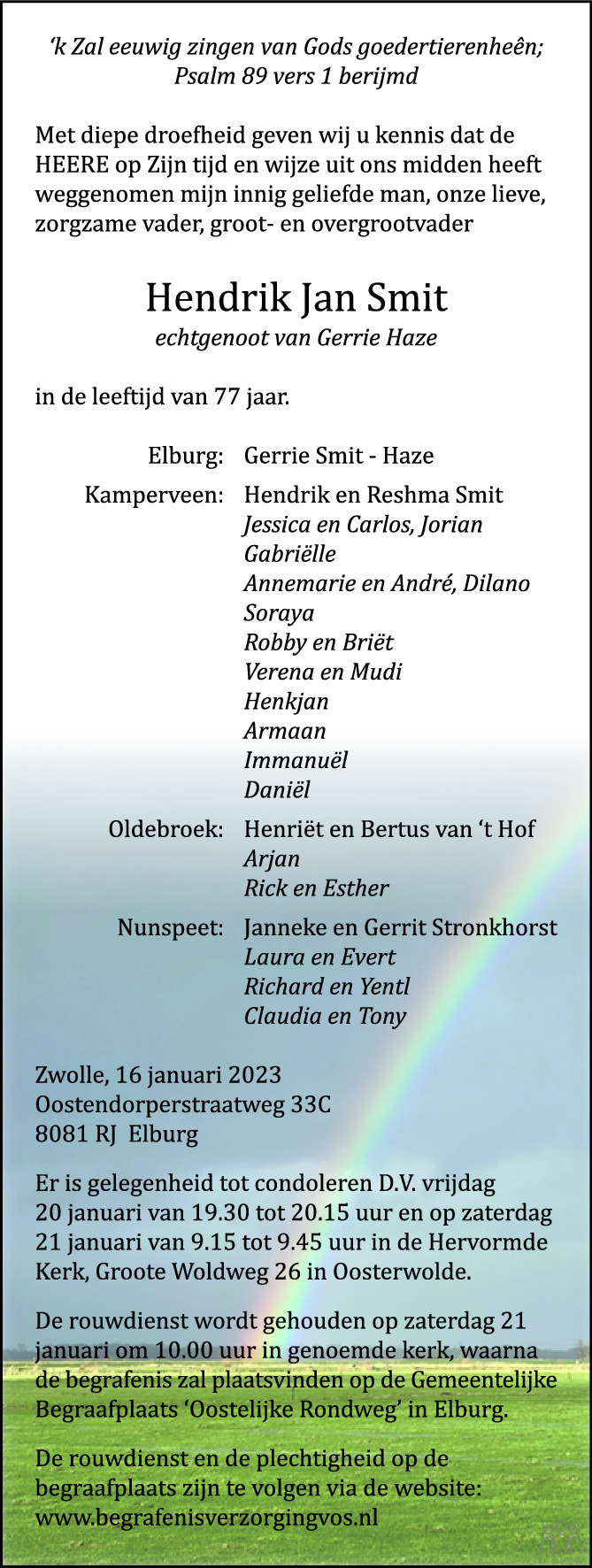 Hendrik Jan Smit 16-01-2023 overlijdensbericht en condoleances ...
