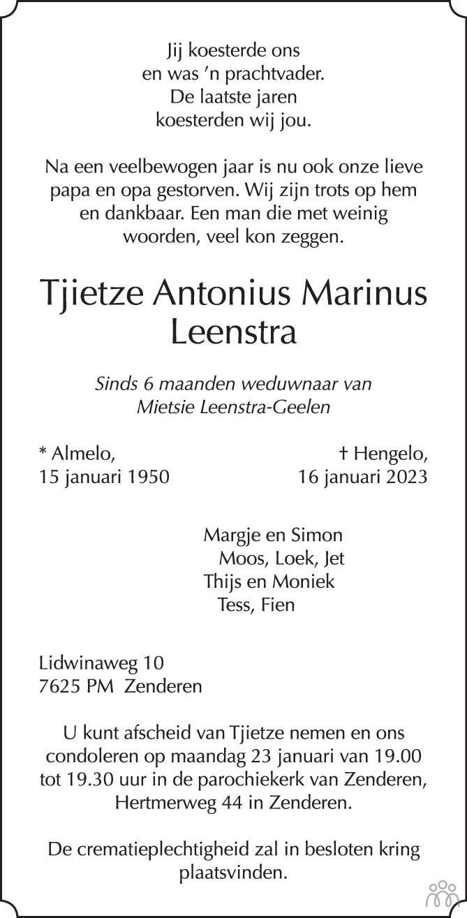 Tjietze Antonius Marinus Leenstra 16-01-2023 overlijdensbericht en ...