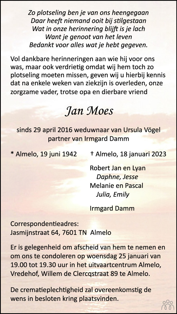 Jan Moes 18-01-2023 overlijdensbericht en condoleances - Mensenlinq.nl