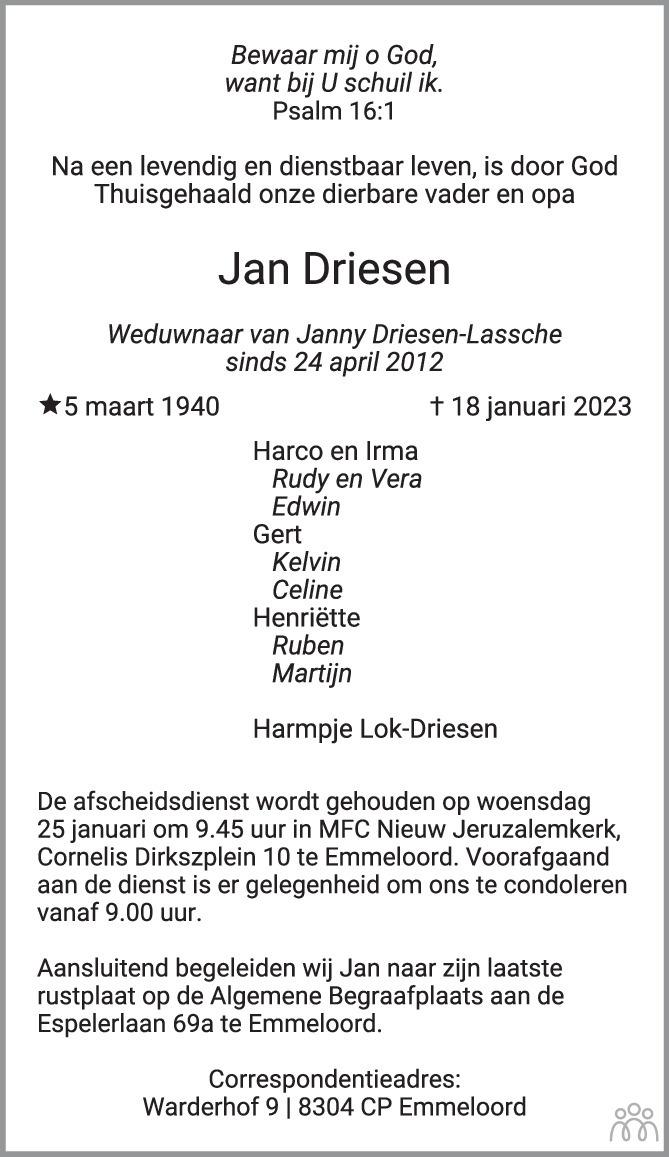 Jan Driesen 18-01-2023 overlijdensbericht en condoleances - Mensenlinq.nl