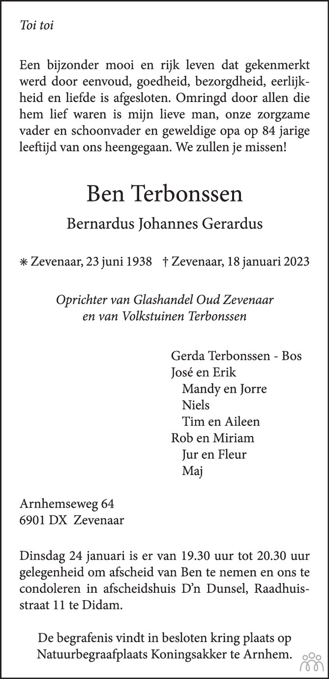 Ben (Bernardus Johannes Gerardus) Terbonssen 18-01-2023 overlijdensbericht en condoleances ...