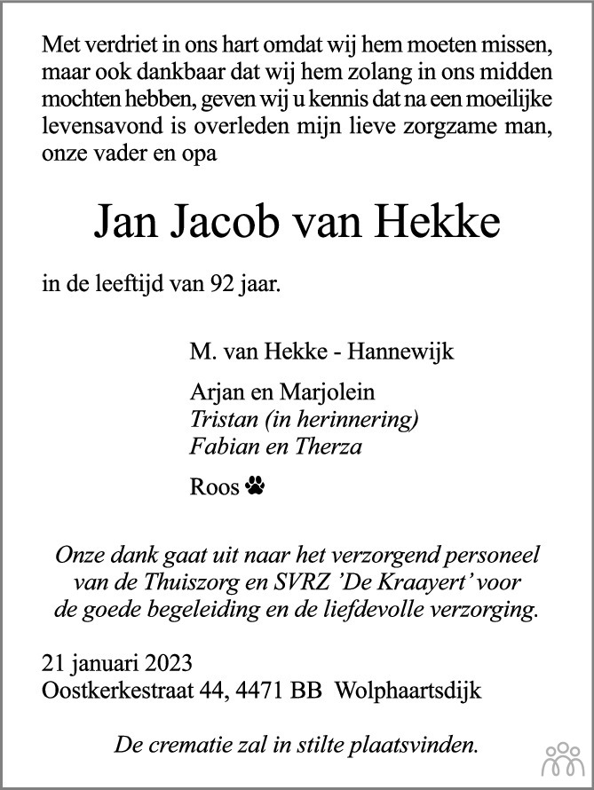 Jan Jacob van Hekke 21-01-2023 overlijdensbericht en condoleances ...