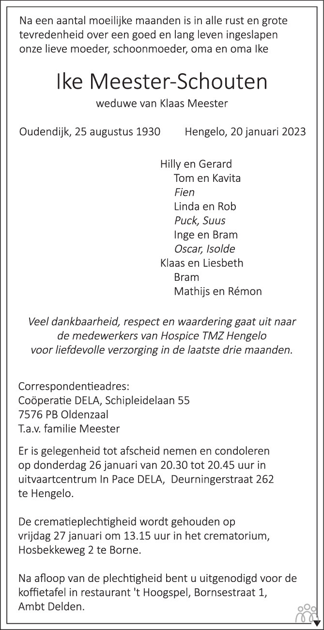 Ike Meester-Schouten 20-01-2023 overlijdensbericht en condoleances ...
