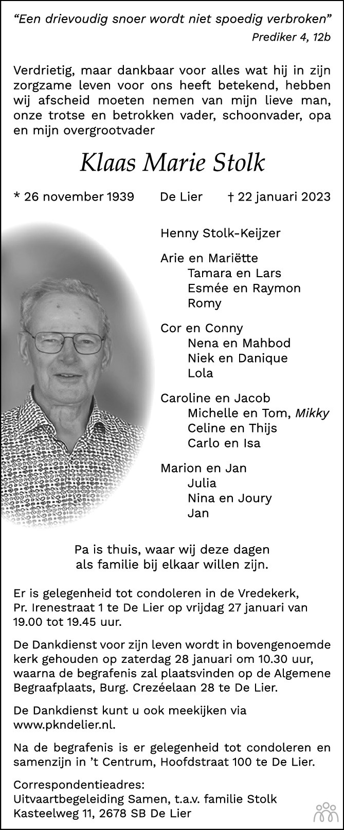 Klaas Marie Stolk 22-01-2023 overlijdensbericht en condoleances ...