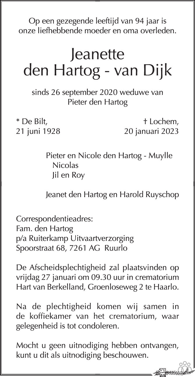 Jeanette den Hartog-van Dijk 20-01-2023 overlijdensbericht en condoleances - Mensenlinq.nl
