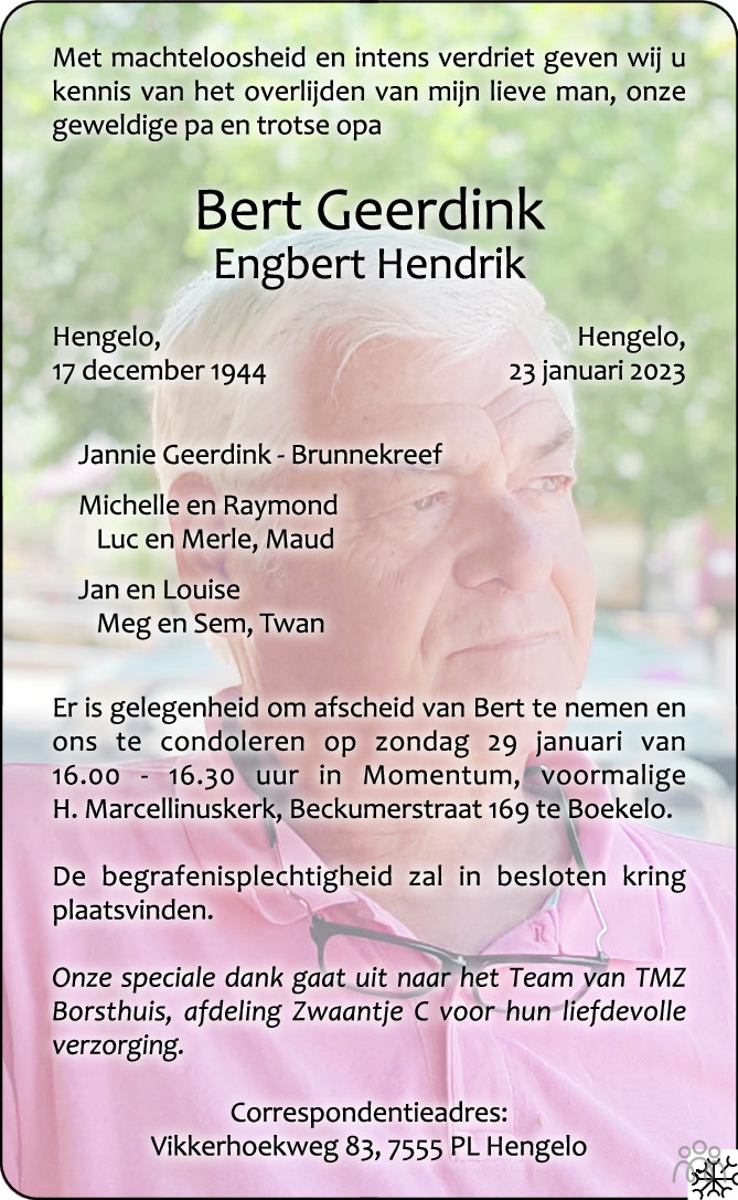 Bert (Engbert Hendrik) Geerdink 23-01-2023 overlijdensbericht en condoleances - Mensenlinq.nl