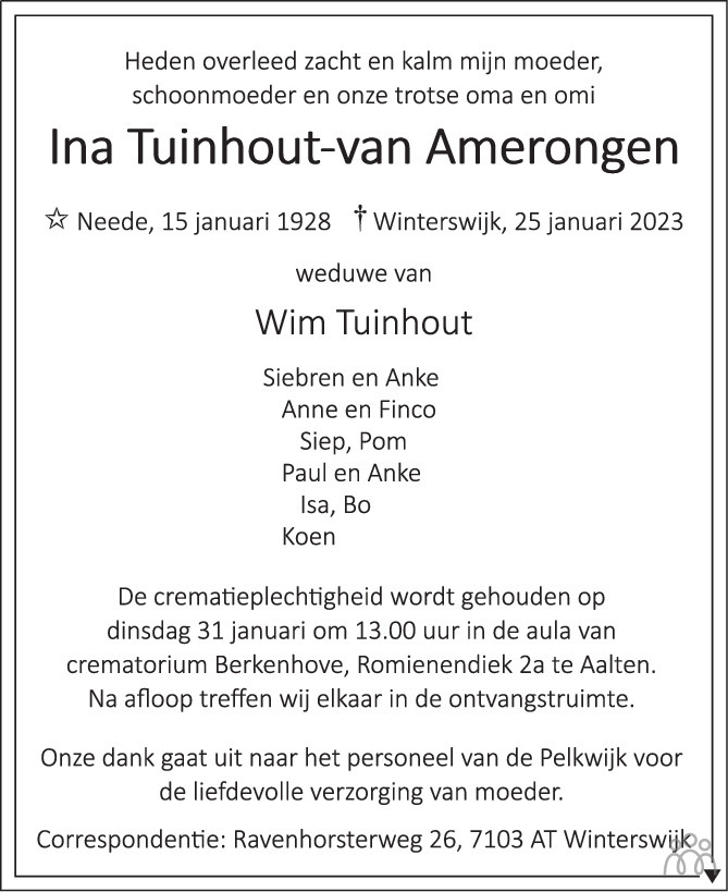 Ina Tuinhout-van Amerongen 25-01-2023 overlijdensbericht en ...