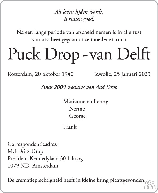 Puck Drop-van Delft 25-01-2023 overlijdensbericht en condoleances ...