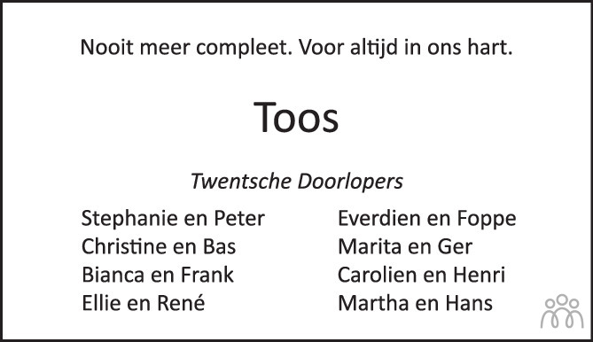 Toos Benneker-Benerink 30-01-2023 overlijdensbericht en condoleances ...