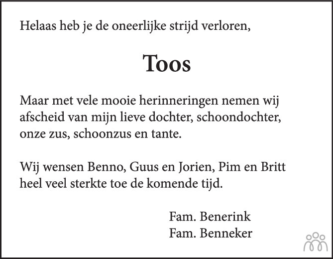 Toos Benneker-Benerink 30-01-2023 overlijdensbericht en condoleances ...