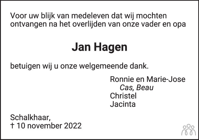 Jan (Johannes Gerardus Hendrikus Gemma) Hagen 10-11-2022 overlijdensbericht en condoleances ...