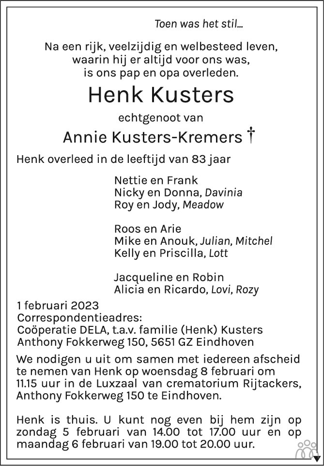 Henk Kusters 01-02-2023 overlijdensbericht en condoleances - Mensenlinq.nl