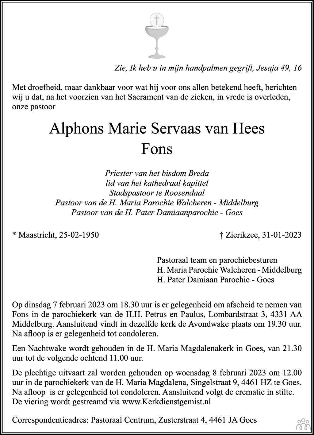 Alfons Marie Servaas (Fons) van Hees 31-01-2023 overlijdensbericht en ...