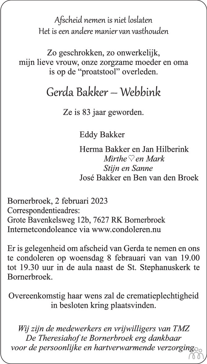 Gerda Bakker-Webbink 02-02-2023 overlijdensbericht en condoleances ...