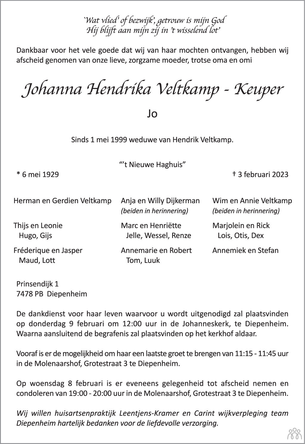 Johanna Hendrika (Jo) Veltkamp-Keuper 03-02-2023 overlijdensbericht en ...