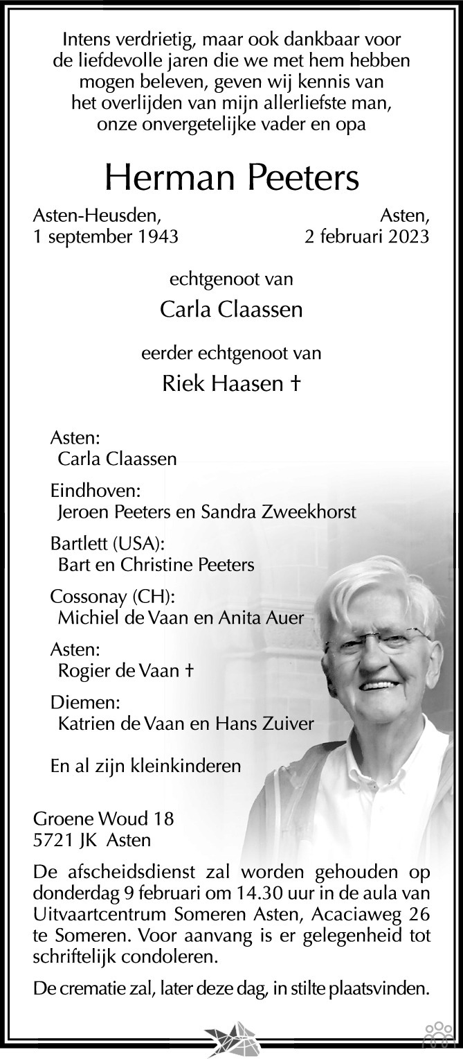 Herman Peeters 02-02-2023 overlijdensbericht en condoleances ...