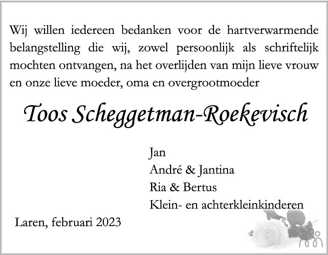 Tonia (Toos) Scheggetman-Roekevisch 26-12-2022 overlijdensbericht en ...
