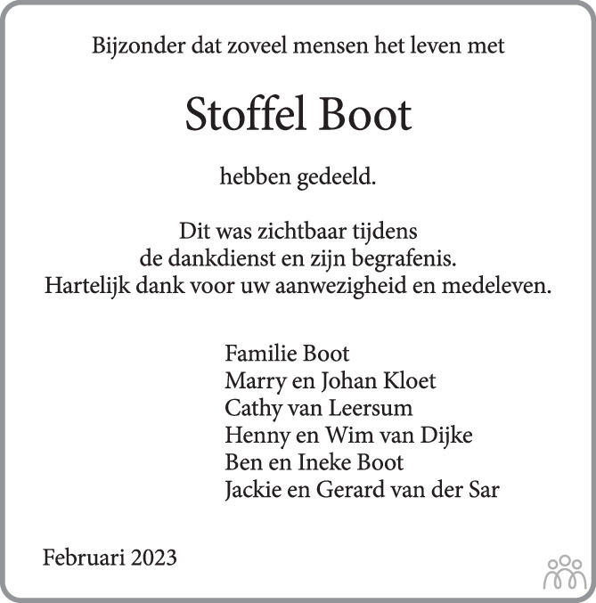 Stoffel Boot 25-12-2022 overlijdensbericht en condoleances - Mensenlinq.nl