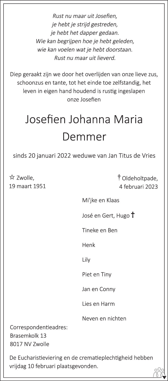 Josefien Johanna Maria de Vries-Demmer 04-02-2023 overlijdensbericht en ...