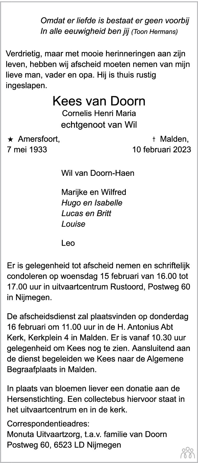 Kees (Cornelis Henri Maria) van Doorn 10-02-2023 overlijdensbericht en ...