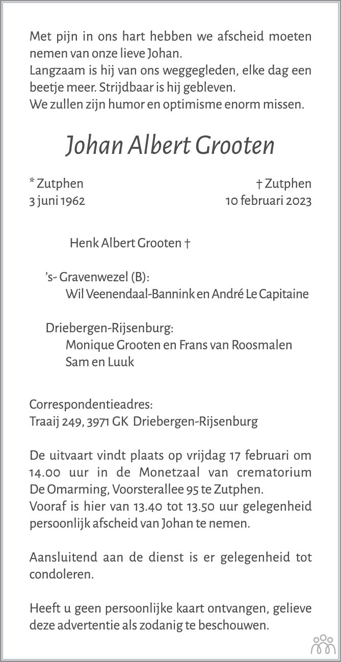 Johan Albert Grooten 10-02-2023 overlijdensbericht en condoleances ...
