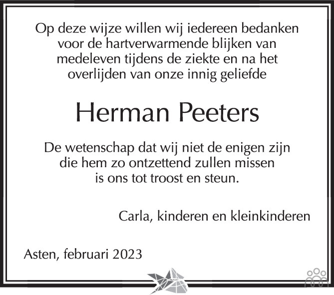 Herman Peeters 02-02-2023 overlijdensbericht en condoleances ...