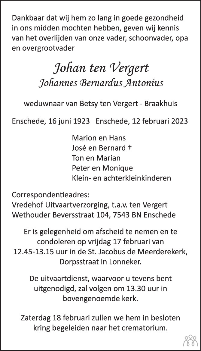 Johan (Johannes Bernardus Antonius) ten Vergert 12-02-2023 overlijdensbericht en condoleances ...