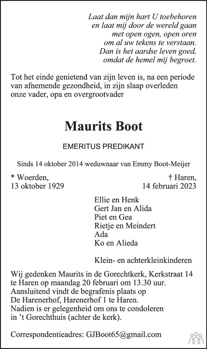 Maurits Boot 14-02-2023 overlijdensbericht en condoleances - Mensenlinq.nl