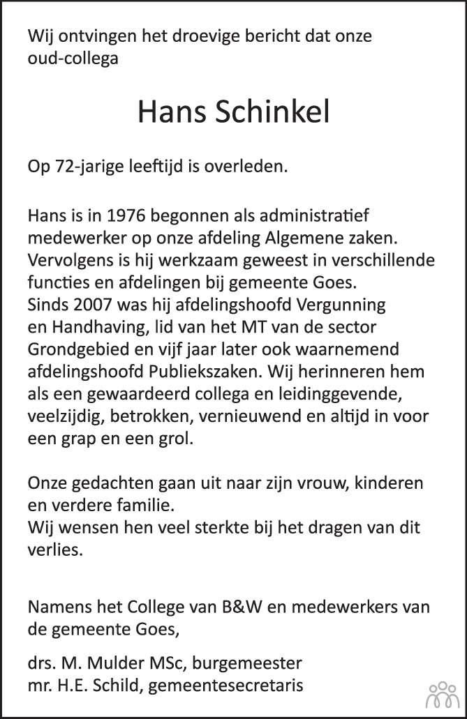 Hans Schinkel 12-02-2023 overlijdensbericht en condoleances - Mensenlinq.nl