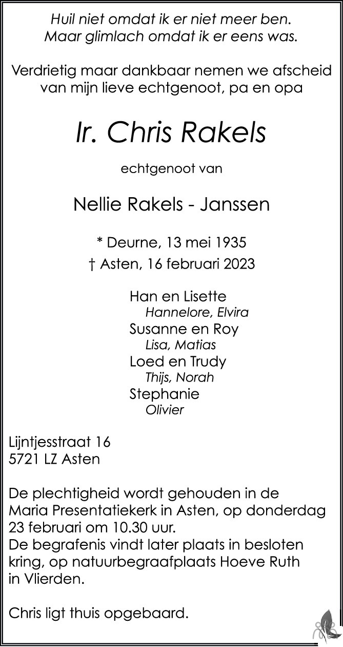 Ir. Chris Rakels 16-02-2023 overlijdensbericht en condoleances ...
