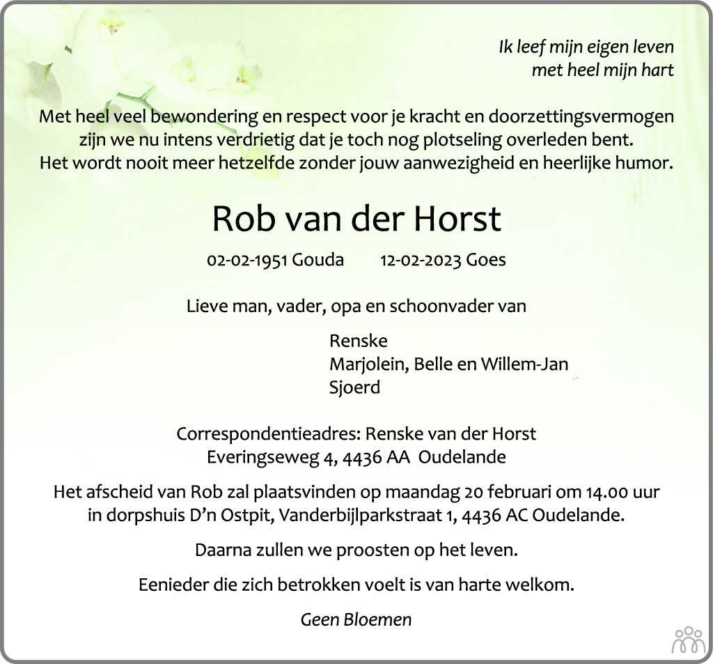 Rob van der Horst 12-02-2023 overlijdensbericht en condoleances ...