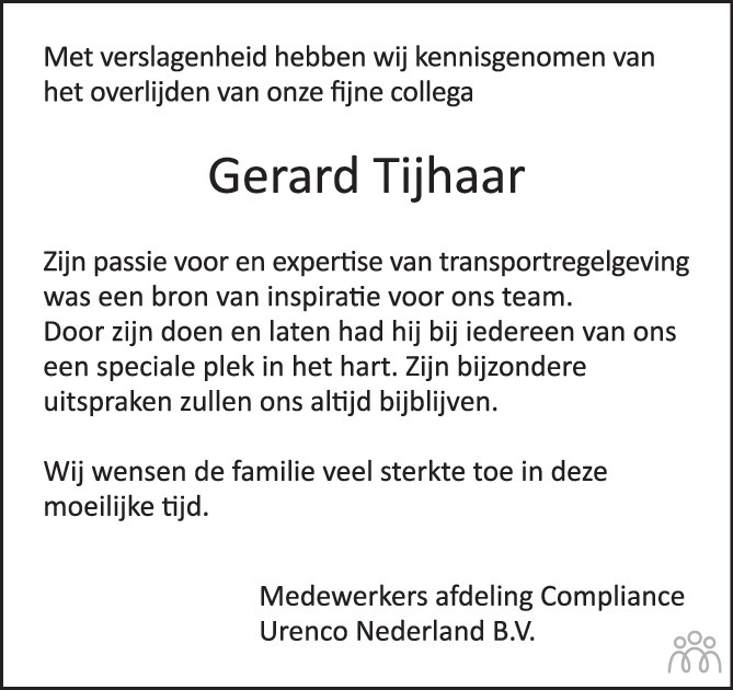 Gerard Tijhaar 21-02-2023 overlijdensbericht en condoleances ...