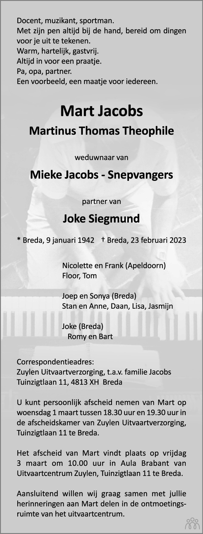 Mart (Martinus Thomas Theophile) Jacobs 23-02-2023 overlijdensbericht ...