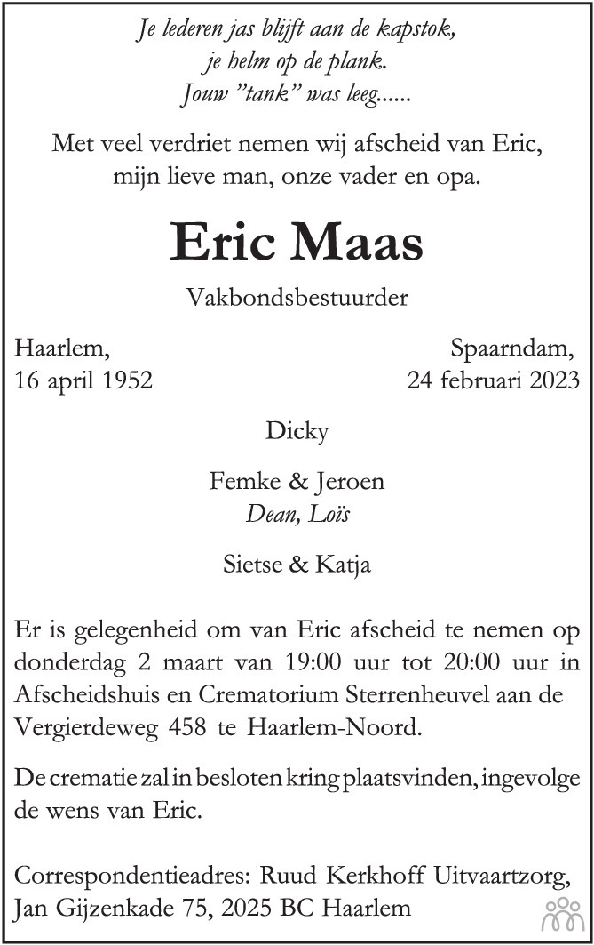 Eric Maas 24-02-2023 overlijdensbericht en condoleances - Mensenlinq.nl