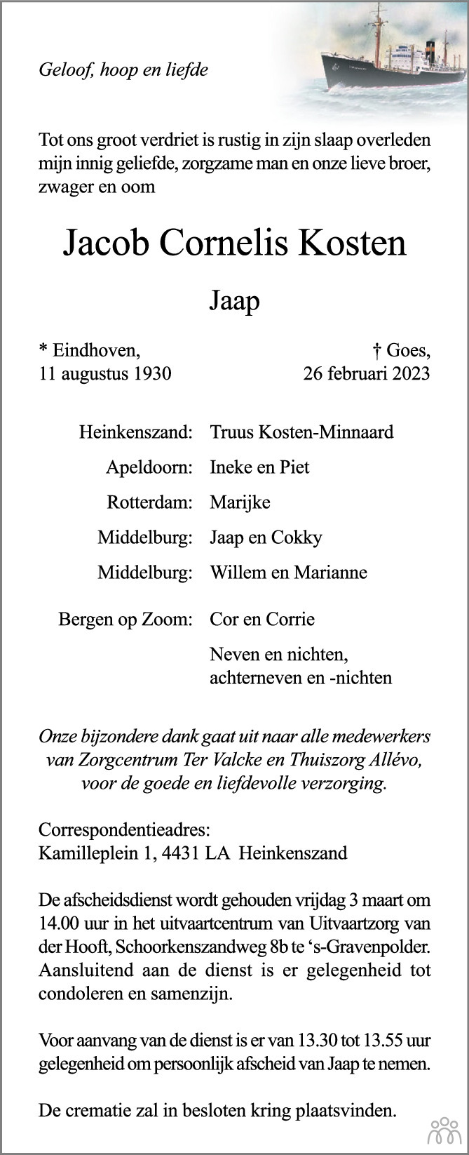 Jacob Cornelis (Jaap) Kosten 26-02-2023 overlijdensbericht en ...