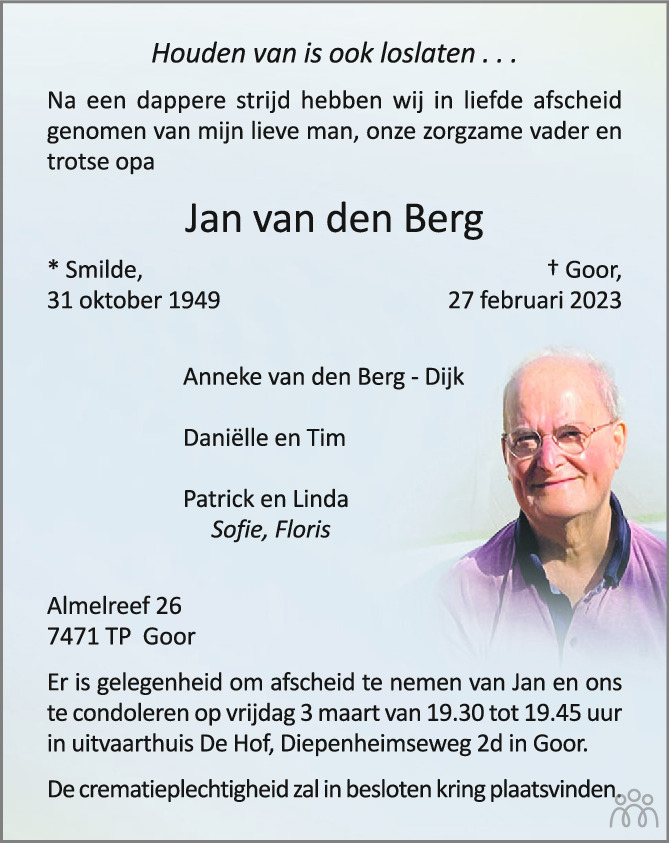 Jan van den Berg 27-02-2023 overlijdensbericht en condoleances ...