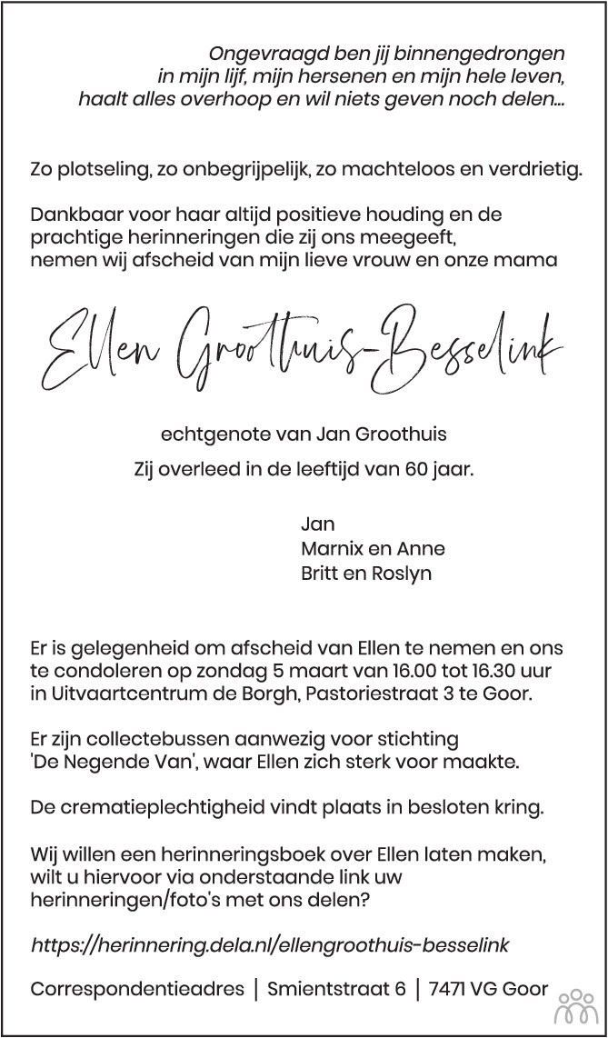 Ellen Groothuis-Besselink 28-02-2023 overlijdensbericht en condoleances ...