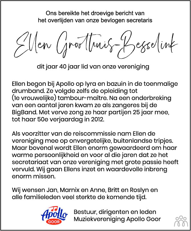 Ellen Groothuis-Besselink 28-02-2023 overlijdensbericht en condoleances ...