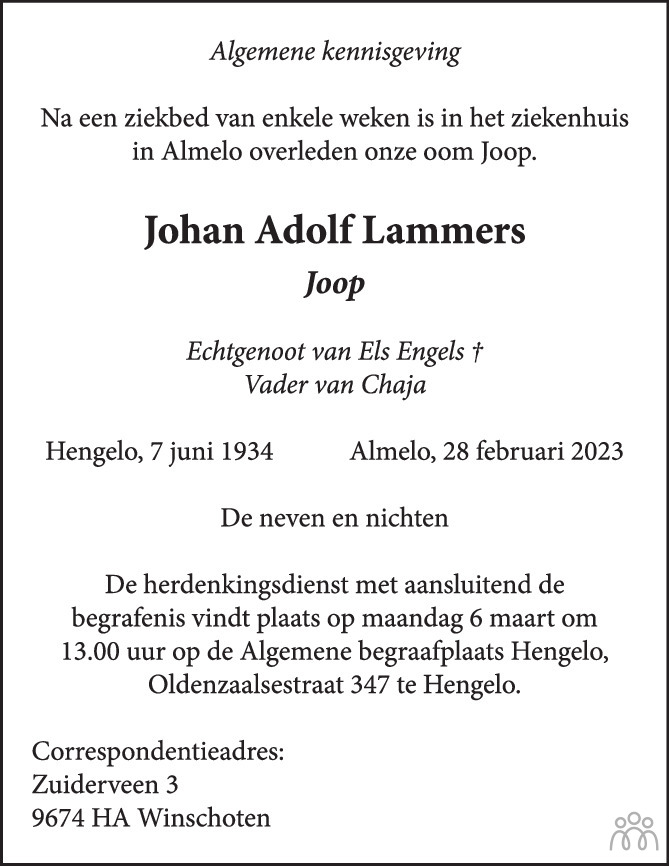 Johan Adolf (Joop) Lammers 28-02-2023 overlijdensbericht en ...