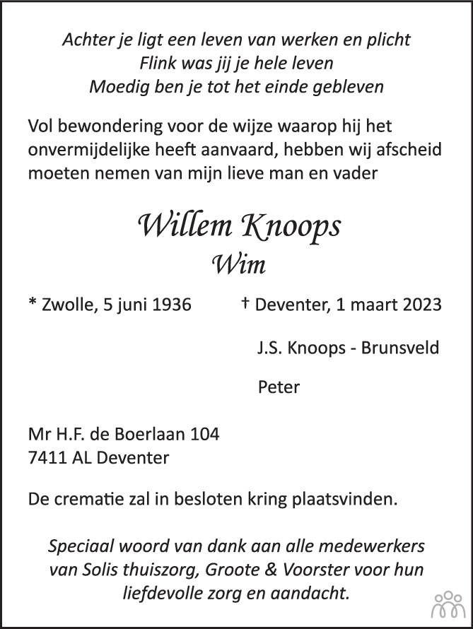 Willem (Wim) Knoops 01-03-2023 overlijdensbericht en condoleances ...