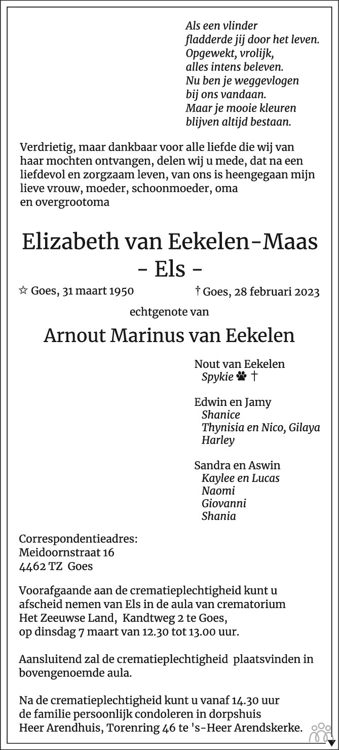 Elizabeth (Els) van Eekelen-Maas 28-02-2023 overlijdensbericht en ...
