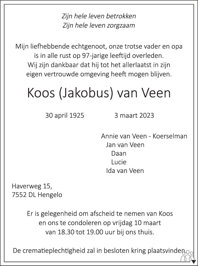 Koos (Jakobus) van Veen 03-03-2023 overlijdensbericht en condoleances ...
