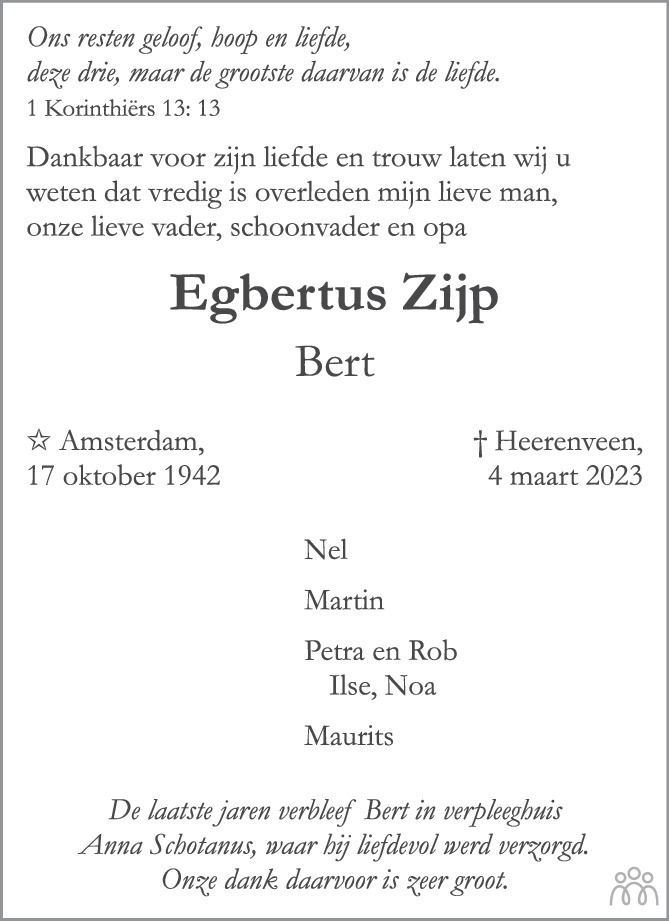 Egbertus (Bert) Zijp 04-03-2023 overlijdensbericht en condoleances ...