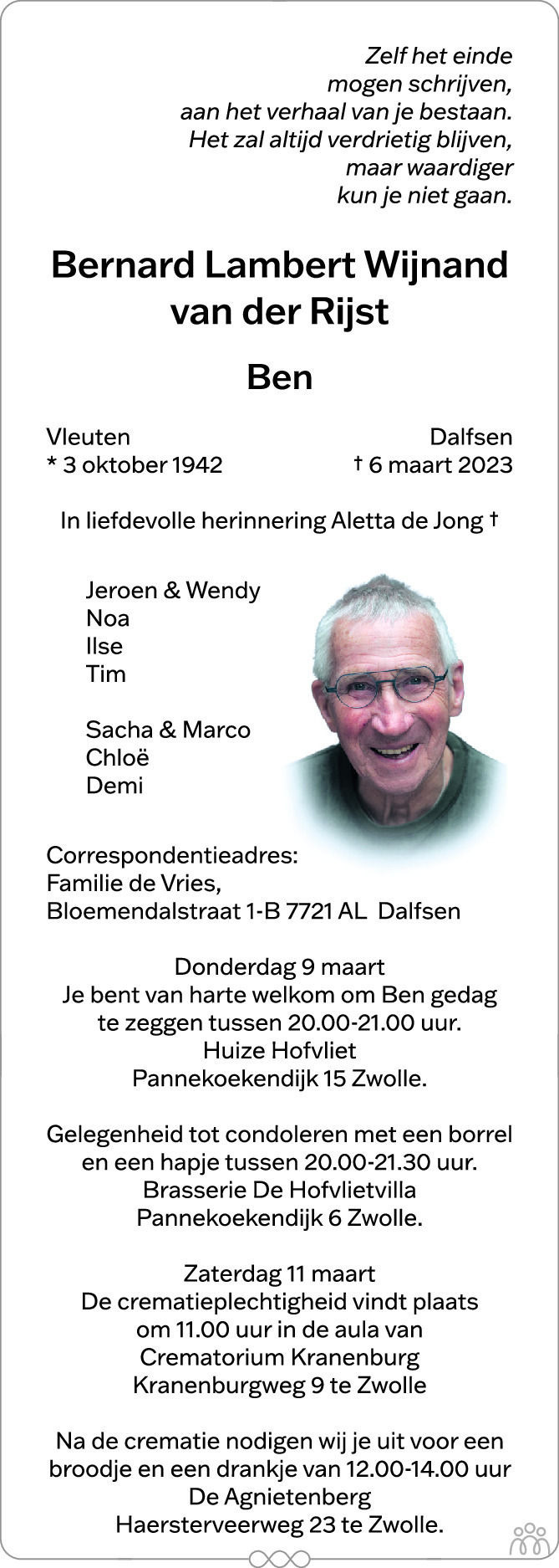 Bernard Lambert Wijnand (Ben) van der Rijst 06-03-2023 ...