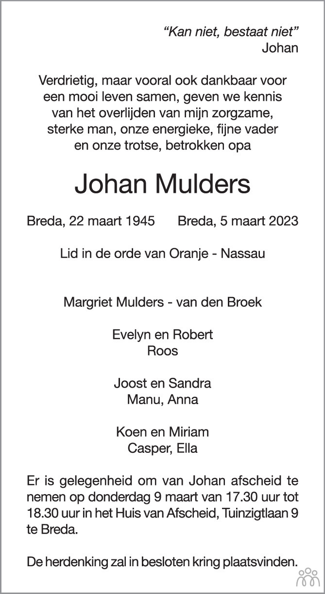 Johan Mulders 05-03-2023 overlijdensbericht en condoleances - Mensenlinq.nl